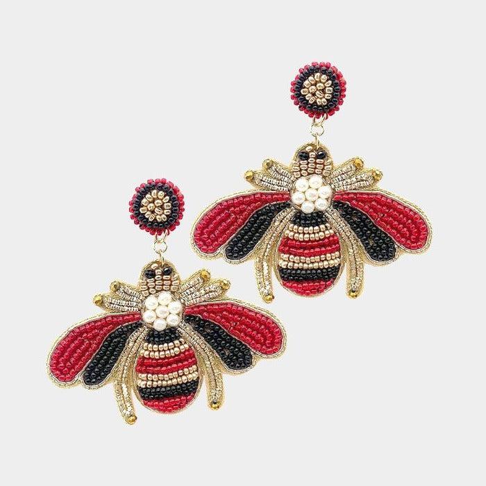 Honey Bee Red & Black Seed Bead Dangle Earrings by Treasure Jewelry ...